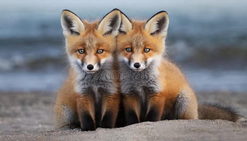 Wild Baby Red Foxes Cuddling at the Beach Stock Illustration ...
