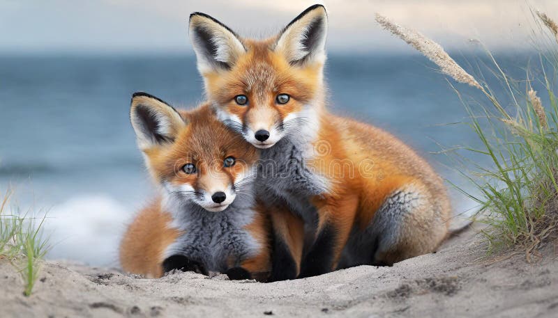 Wild Baby Red Foxes Cuddling at the Beach Stock Illustration ...