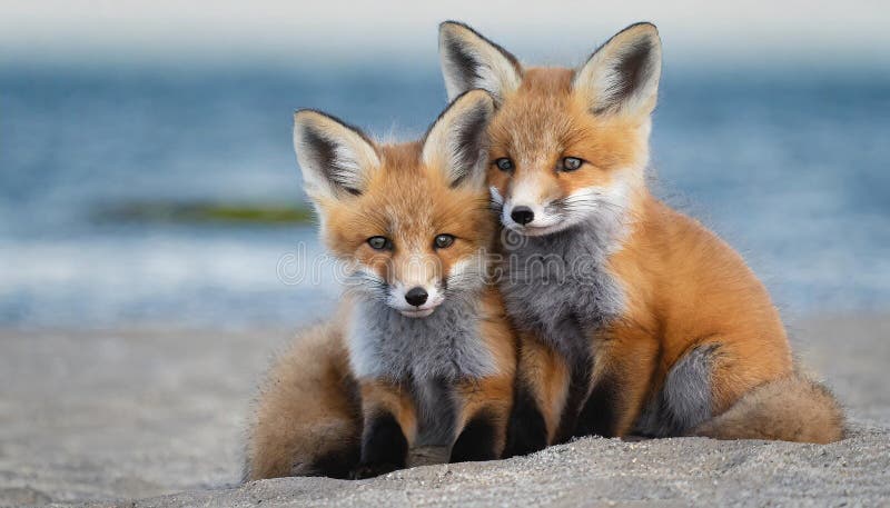 Wild Baby Red Foxes Cuddling at the Beach Stock Illustration ...
