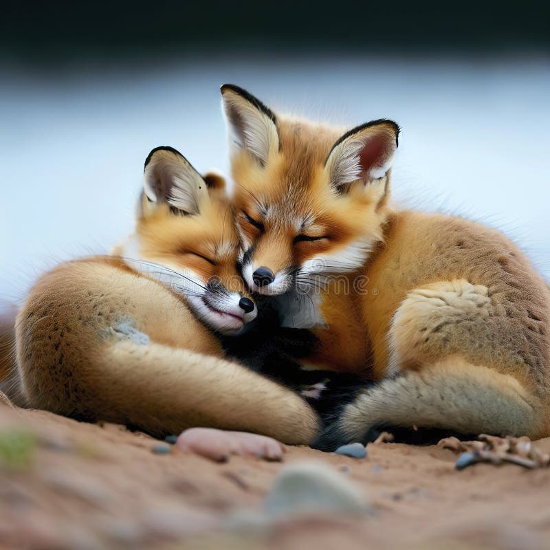 Wild Baby Red Foxes Cuddling at the Beach, Nova Scotia, Canada Stock ...
