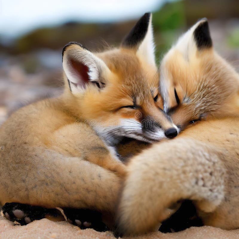 Wild Baby Red Foxes Cuddling at the Beach, Nova Scotia, Canada Stock ...