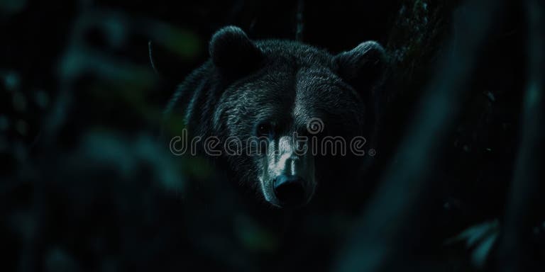 A Wild Bear, Peeking Out from the Shadows of a Dense Forest Stock Image ...