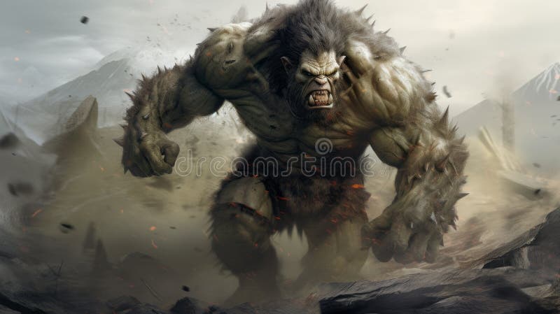 Aggressive Digital Illustration of an Ogre Running in a Rocky Area ...