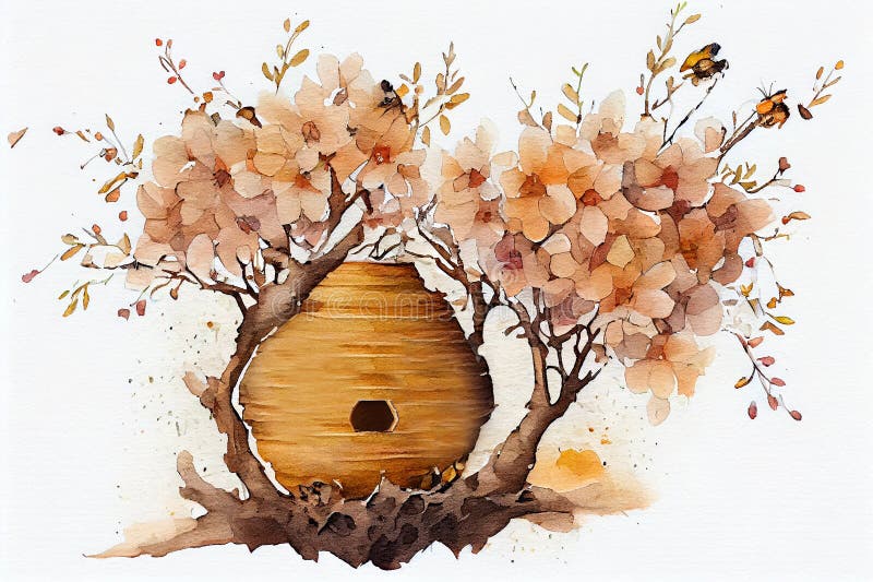 Wild Bee Hive on Tree with Flowers Drawing with Bit of Watercolour ...