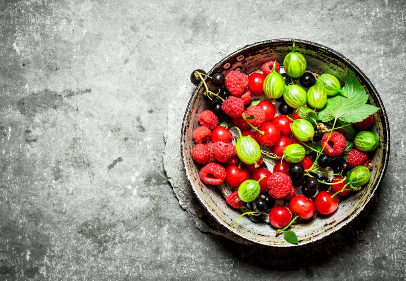 Wild Berries in the Old Plate. on Stone Table. Stock Image - Image of ...