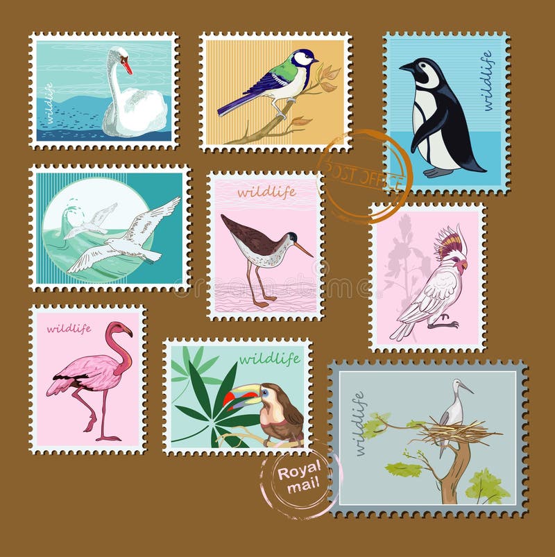 Vintage Postage Stamps with Birds Stock Vector - Illustration of ...