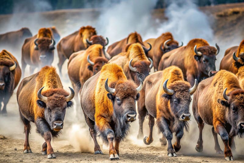 Wild Bison Herd Running through Dusty Field with Smoke in Background ...