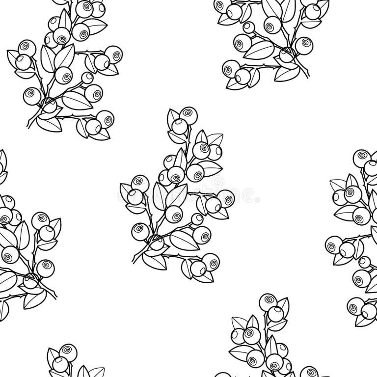 Wild Blueberries Seamless Background, Black and White Periodic Pattern ...