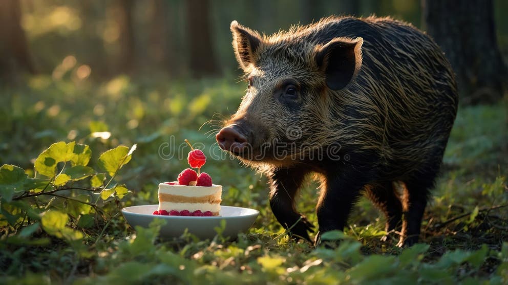 Wild Boar Sniffing Delicious Raspberry Cake in Sunny Forest Stock ...