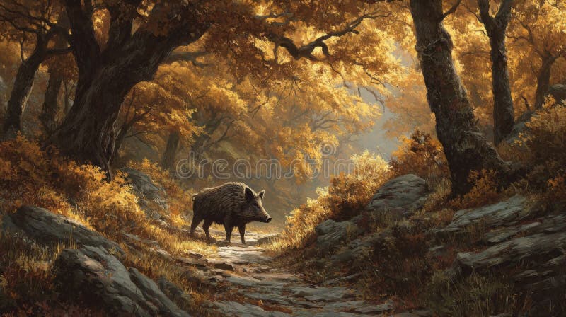 Wild Boar in Autumn Forest Sunlight Stock Image - Image of pathway ...