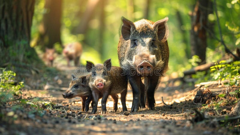 Wild Boar with Children in the Forest Stock Image - Image of forest ...