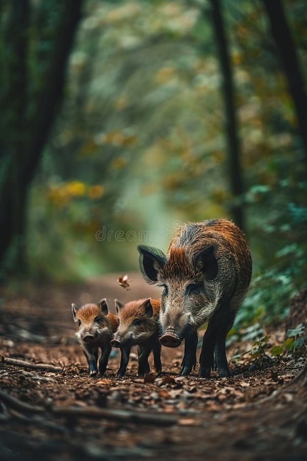 Wild Boar with Children in the Forest Stock Photo - Image of animal ...