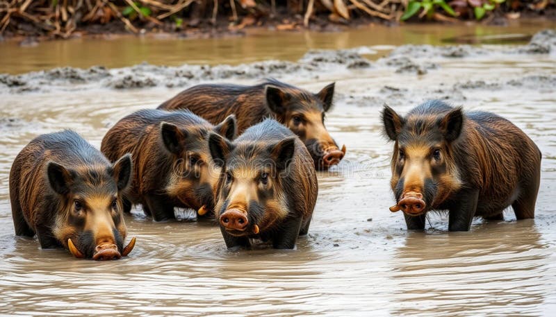 Wild Boar Group Wallowing in Muddy Water Looking at the Camera Stock ...
