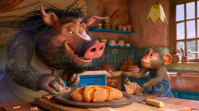 Wild Boar and a Monkey Prepare a Loaf of Bread in a Cozy, Rustic ...