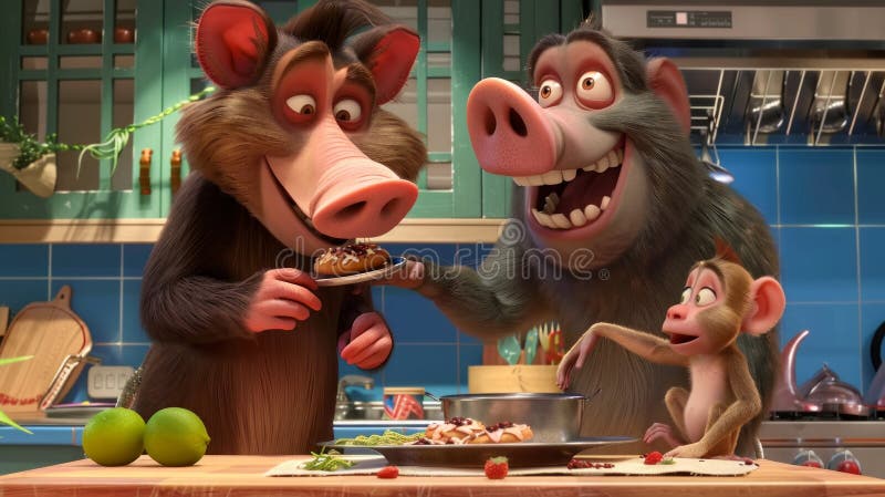 Wild Boar and a Monkey Share a Meal Together in a Child-sized Kitchen ...