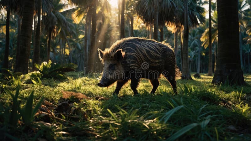 Wild Boar Walking in Tropical Forest at Sunset Stock Illustration ...