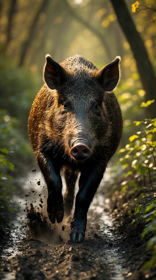 Wild Boar Running through a Forest Path during Golden Hour Light Stock ...