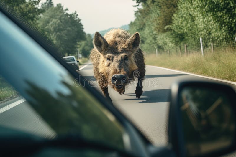 Wild Boar Running in Front of Moving Car. Generative AI Stock ...