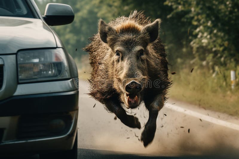 Wild Boar Running in Front of Moving Car. Generative AI Stock ...