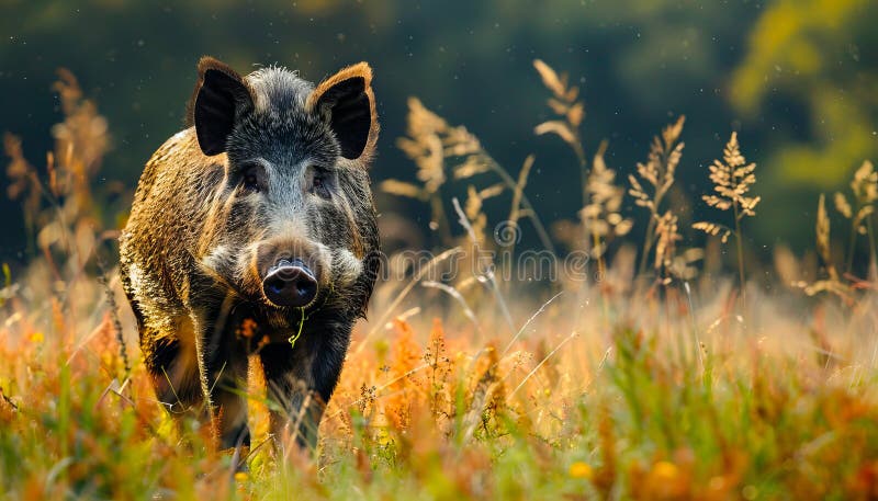 A Wild Boar Walking through a Field of Tall Grass Stock Photo - Image ...