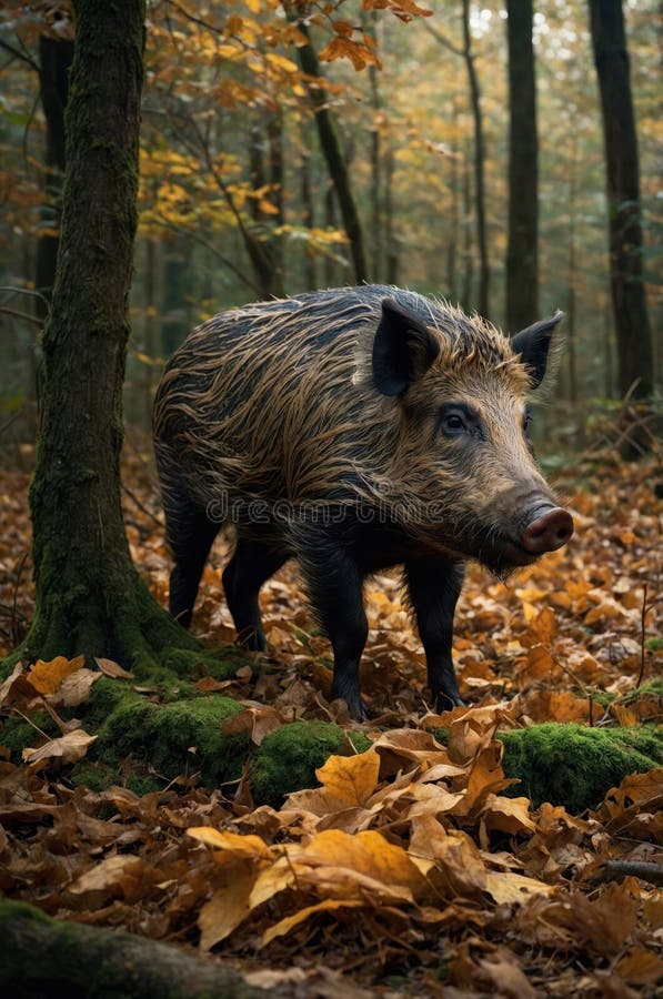 Wild Boar in Autumn Forest, Majestic Creature among Fallen Leaves Stock ...