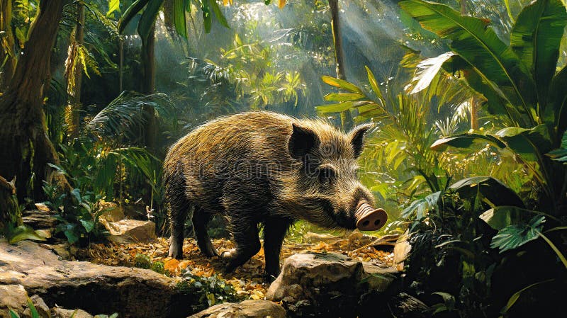 Wild Boar Walking in Lush Tropical Jungle Stock Image - Image of mammal ...