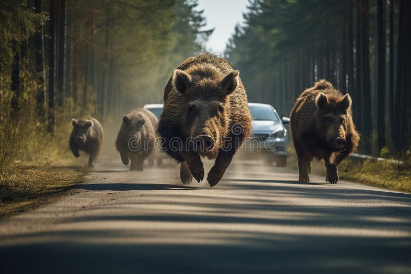Wild Boars Running in Front of Moving Car. Generative AI Stock ...
