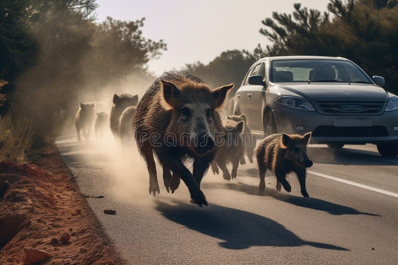 Wild Boars Running in Front of Moving Car. Generative AI Stock Photo ...