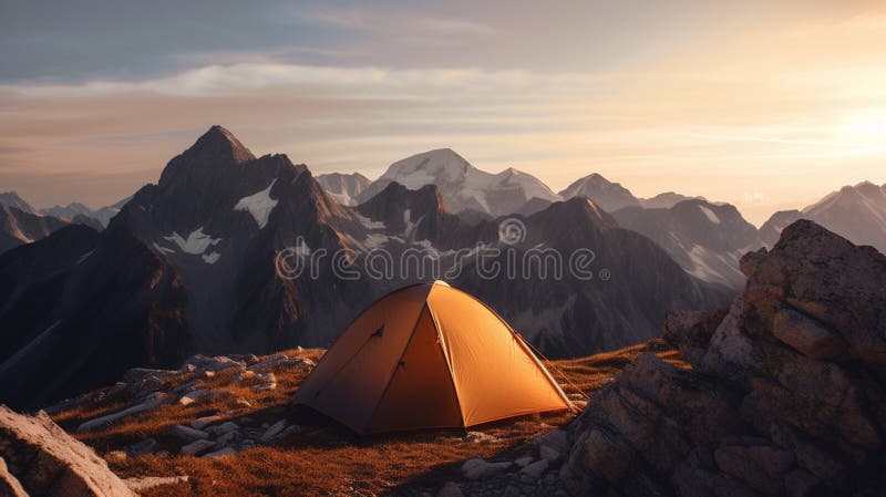 Wild Camping on Top of the Mountains, Sunset View Stock Illustration ...