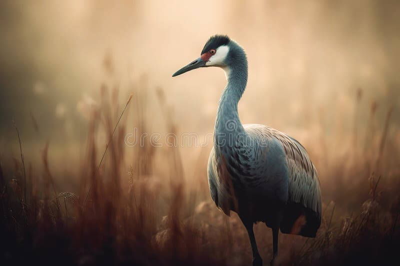 Wild Common Crane, Grus Grus, Walking on Hay Field in Spring Nature ...