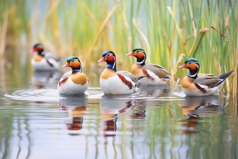 Wild Ducks Parading by the Waterside Reeds Stock Illustration ...