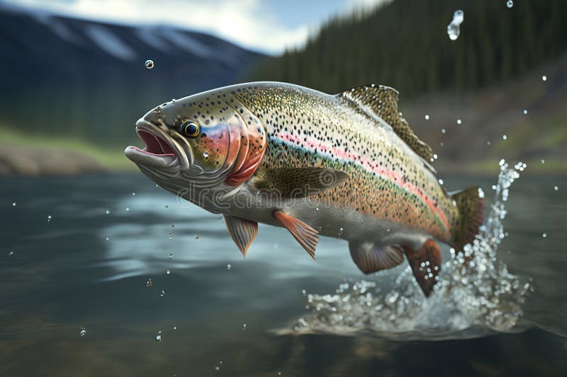 Wild Fish Jumping Out of River Water in a Forest Created by Generative ...