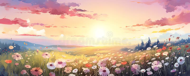 Wild Flower Field in Summer on Beautiful Sunset Landscape, Panoramic ...