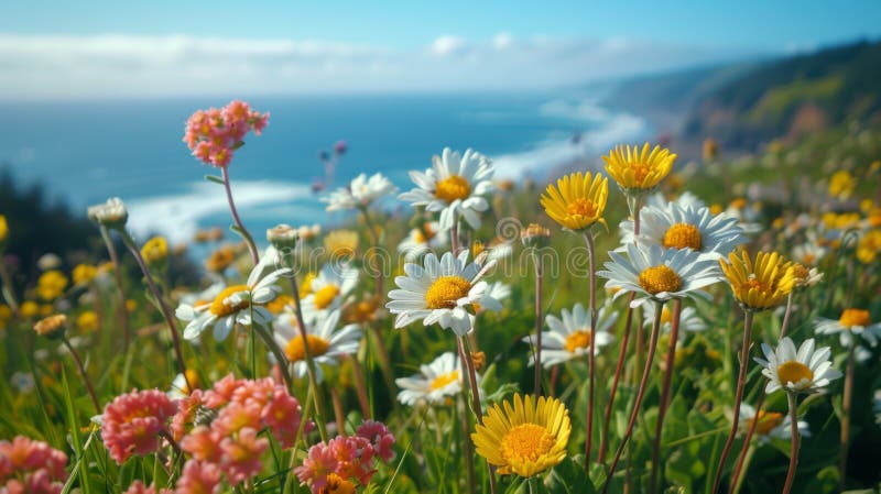 Wild Flowers in the Backdrop of the Oregon Coast. Stock Image - Image ...