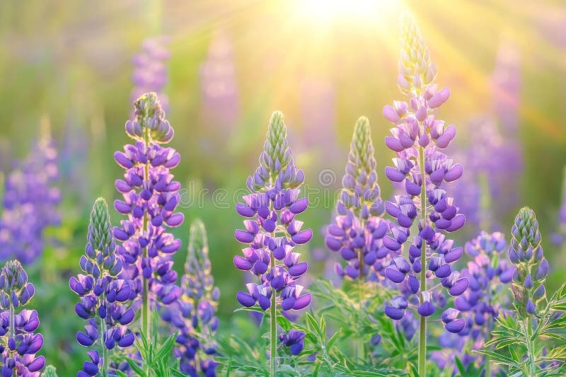 Wild Flowers in the Lupine Field Bask in the Warm Rays of the Sun Stock ...