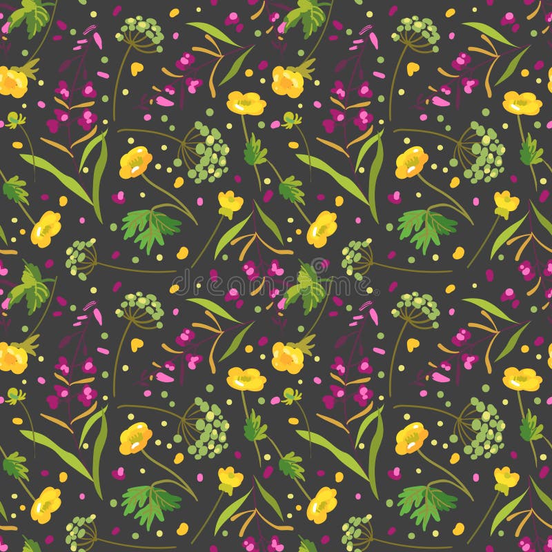 Wild Flowers Seamless Pattern. Hand Drawn Vector Illustration. Stock ...