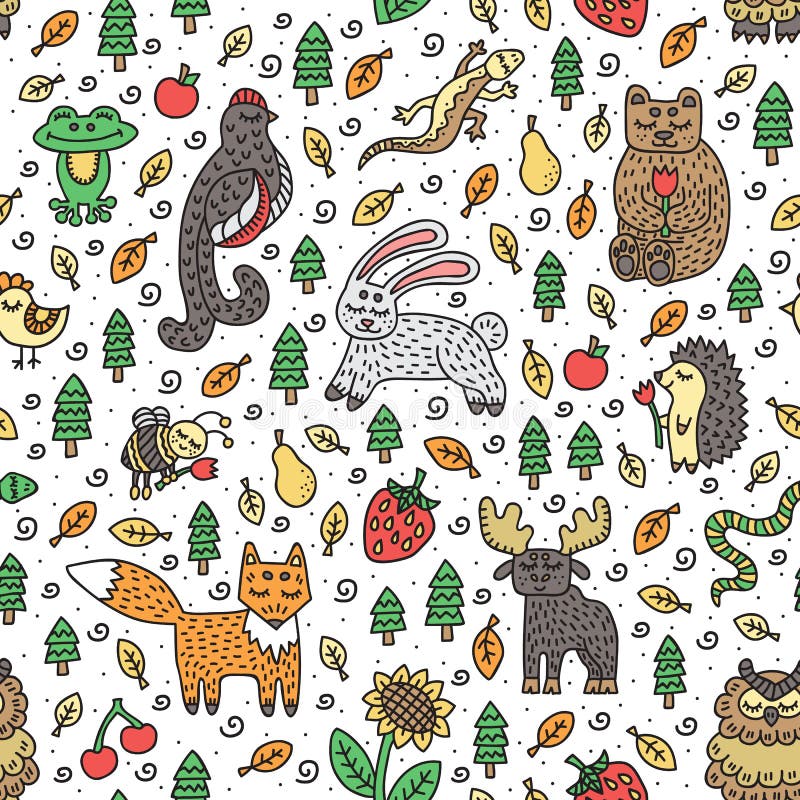 Wild Forest Animals. Cute Woodland Doodles. Childish Drawing. Seamless ... Wild Forest Animals. Cute Woodland Doodles. Childish Drawing. Seamless ...