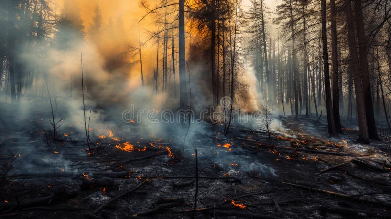 Wild Forest Fire. Burned Trees after Forest Fires, Lots of Smoke ...