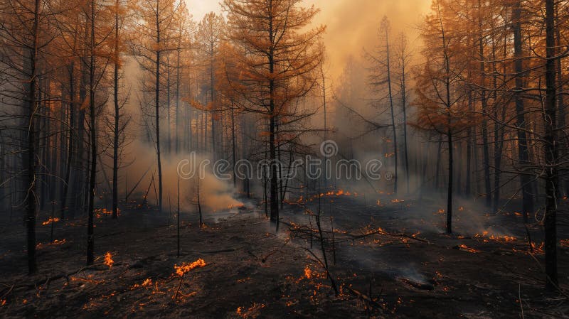 Wild Forest Fire. Burned Trees after Forest Fires, Lots of Smoke ...