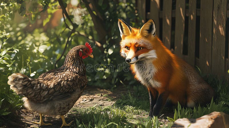 Wild Fox and Hen Interacting in Backyard Habitat Stock Illustration ...