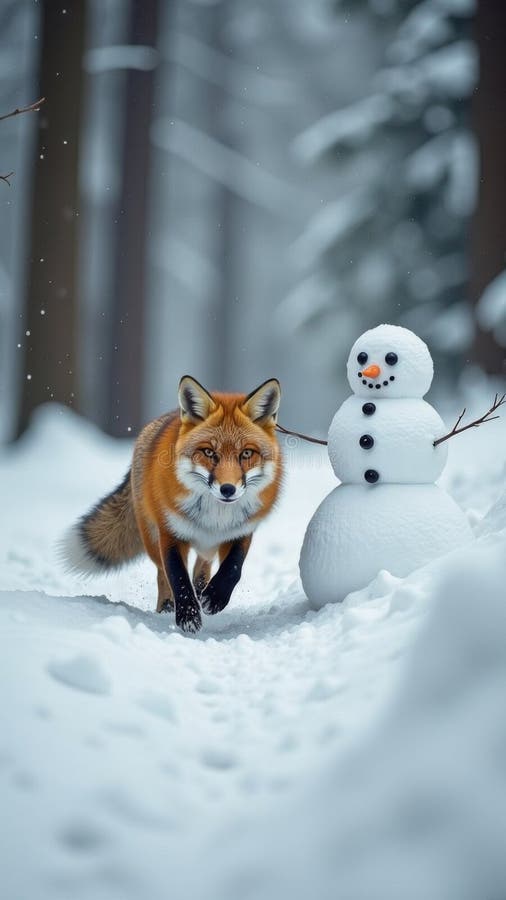 Wild Fox Running through Snowy Forest, Snowman Standing on Snow in ...