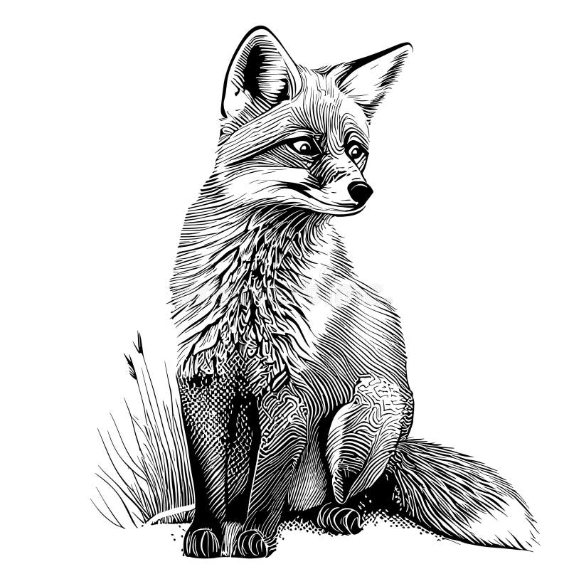 Wild Fox Sitting Hand Drawn Sketch in Doodle Style Vector Illustration ...