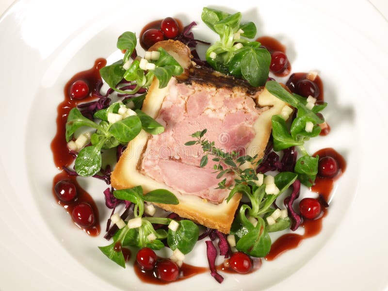 Wild Game Meat Terrine with Salad Isolated on White Background Stock ...