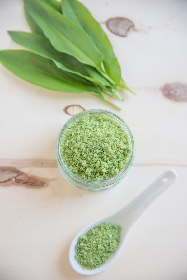 Wild garlic salt in a bowl stock photo. Image of homemade - 89867584
