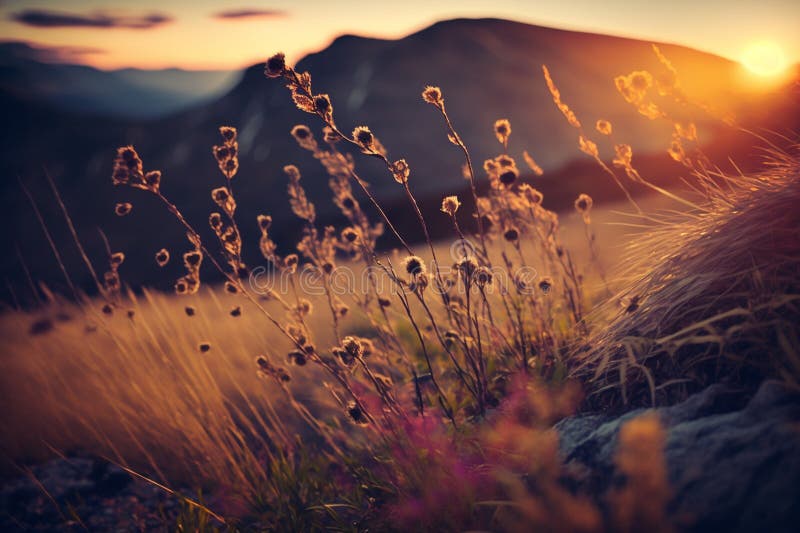 Wild Grass in the Mountains at Sunset. Macro Image, Shallow Depth of ...