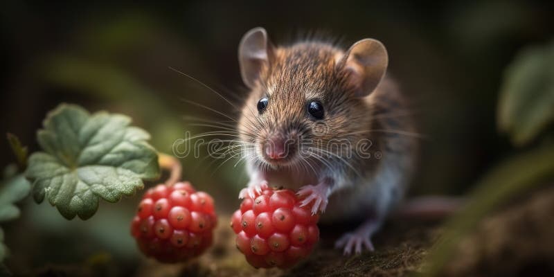Wild Grey Mouse Eating Raspberry in the Forest Stock Image - Image of ...