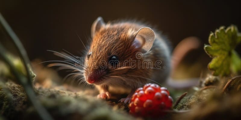 Wild Grey Mouse with Raspberry in the Forest, Close Up View Stock ...