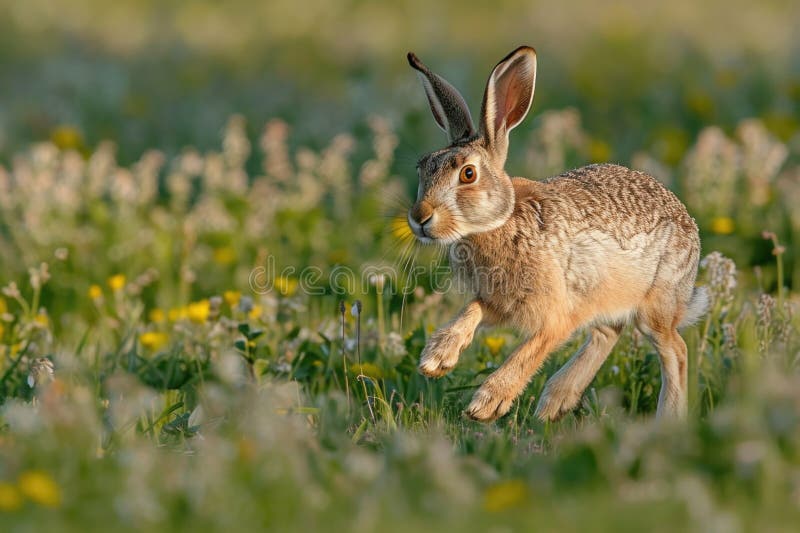 Wild Hare Bounding through Floral Meadow at Sunset AI Stock Image - Image of countryside ...