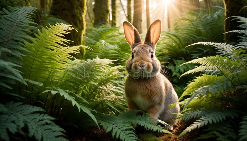 A Wild Hare or Rabbit Sits among the Ferns in the Forest at Sunset in ...