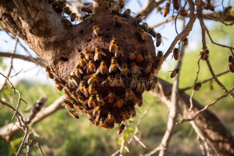 Wild Hive Hanging from Tree Branch with Bees Stock Illustration ...